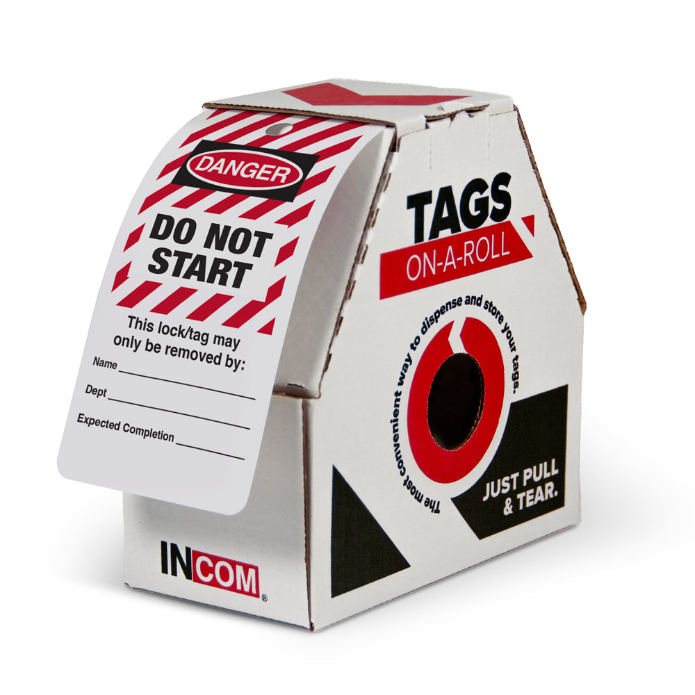 DANGER DO NOT START Striped DuraPly™ Safety Tags-on-a-Roll 3 in x 6.25